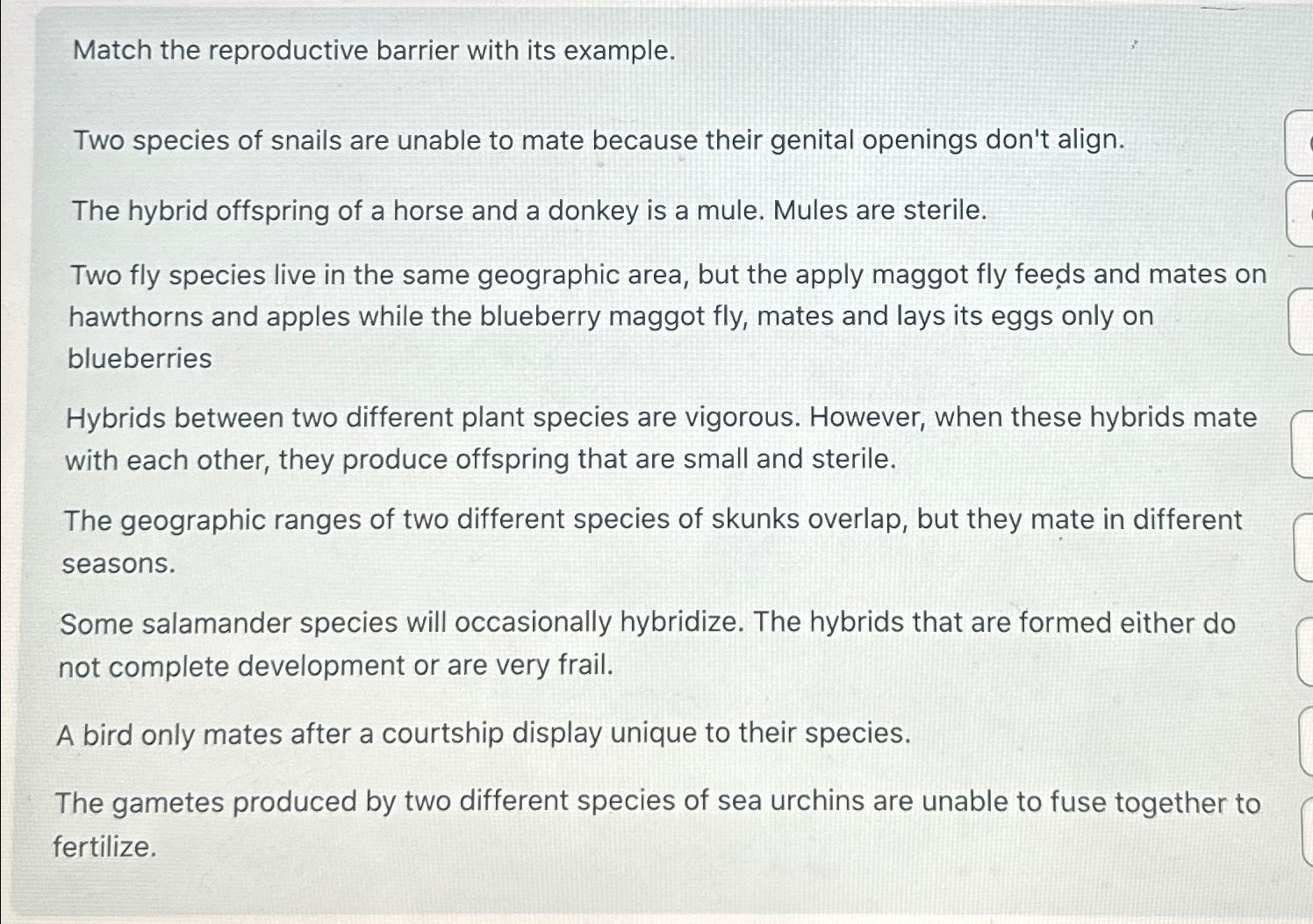 Solved Match the reproductive barrier with its example.Two | Chegg.com