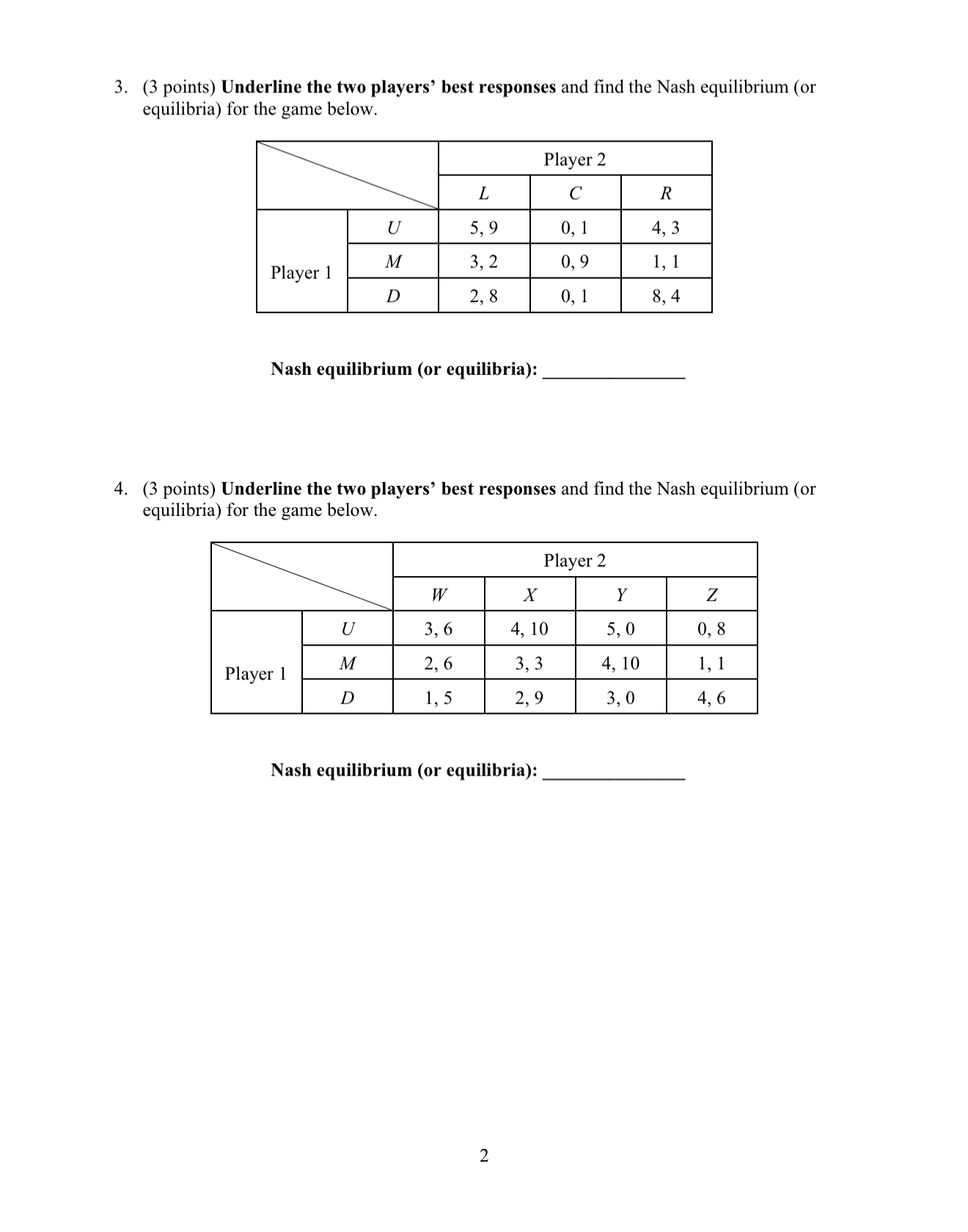 Solved (3 ﻿points) ﻿Underline the two players' best | Chegg.com