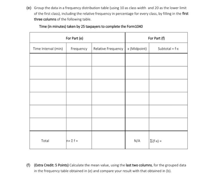 Solved e) Group the data in a frequency distribution table | Chegg.com