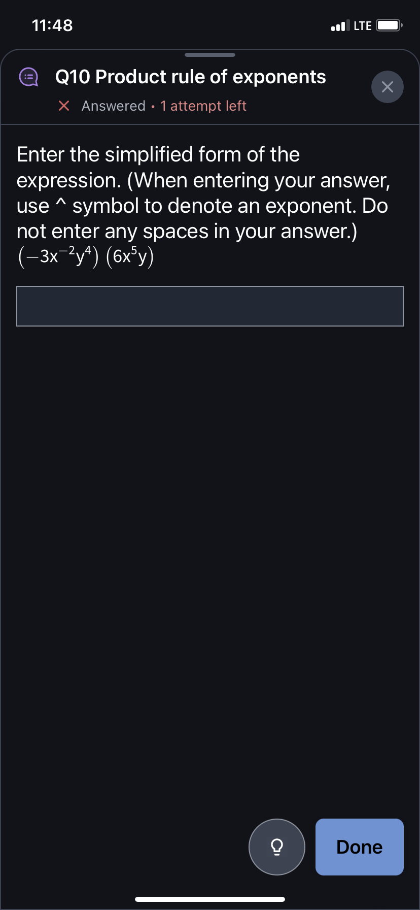 Solved 11:48.1/] ﻿LTE(a)Q10 ﻿Product rule of exponents× | Chegg.com