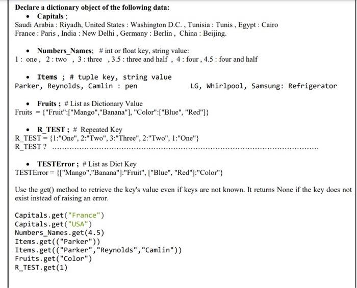 Solved Declare a dictionary object of the following data: • | Chegg.com
