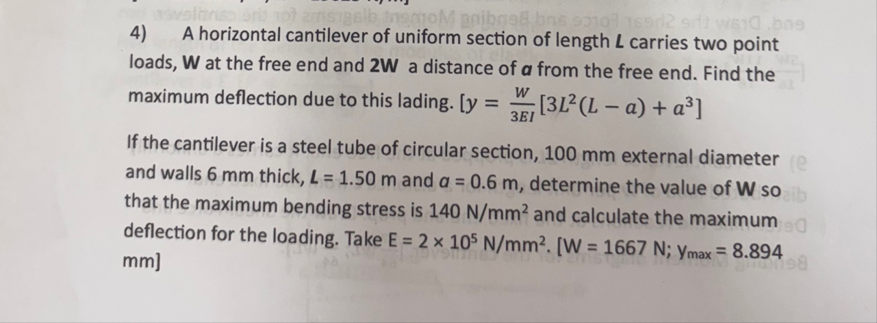 Solved A horizontal cantilever of uniform section of length | Chegg.com