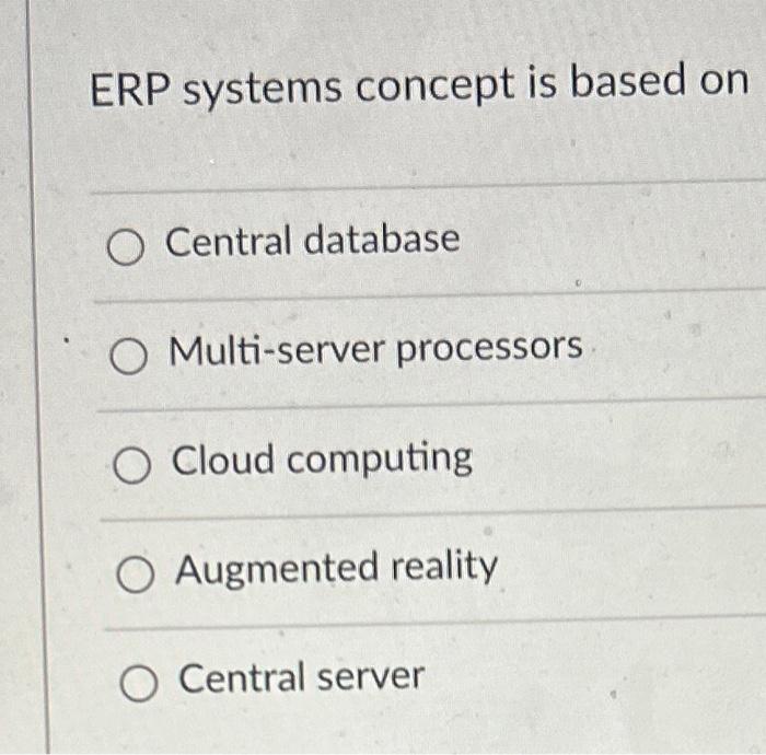 Solved ERP systems concept is based on Central database | Chegg.com