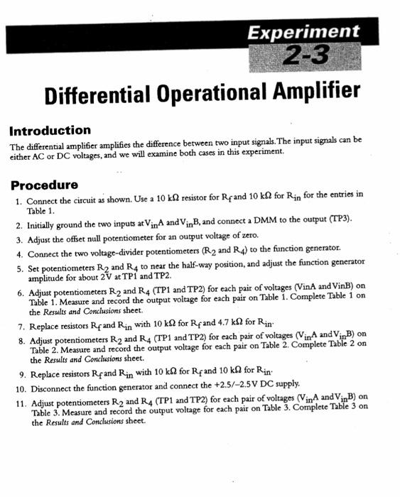 Solved Differential Operational Amplifier Introduction The | Chegg.com