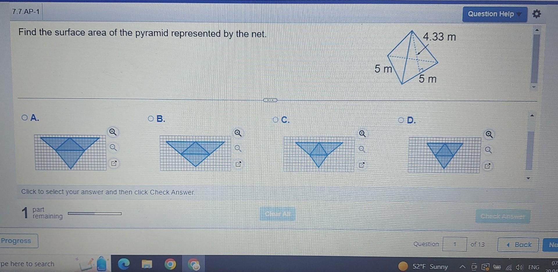 Solved Find the surface area of the pyramid represented by | Chegg.com
