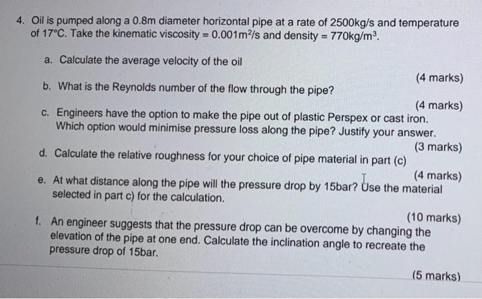 Solved 4. Oil is pumped along a 0.8m diameter horizontal | Chegg.com