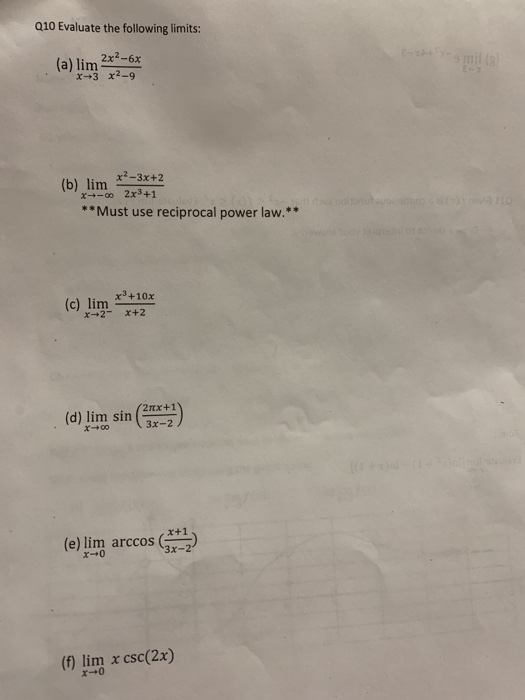 Solved Q10 Evaluate the following limits: (a) lim 2x2-63 " | Chegg.com