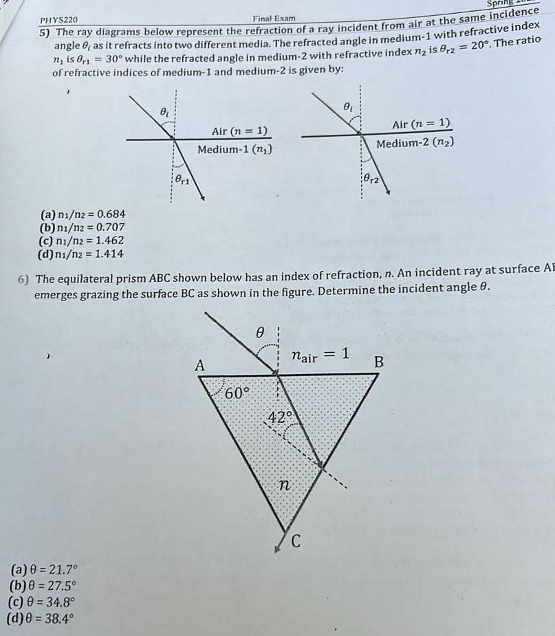 Solved PHYS220 Final Exam 5) The ray diagrams below | Chegg.com