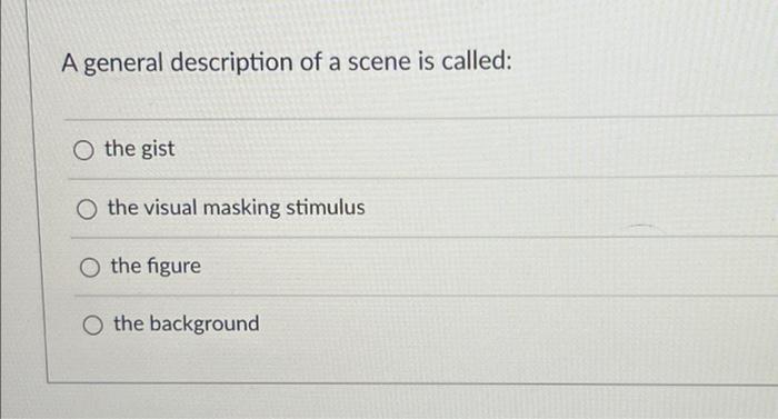 Solved A general description of a scene is called: the gist | Chegg.com