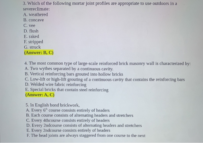 Solved 3. Which of the following mortar joint profiles are | Chegg.com