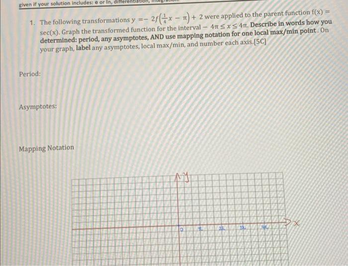 Solved 1. The following transformations y=−2f(41x−π)+2 were | Chegg.com