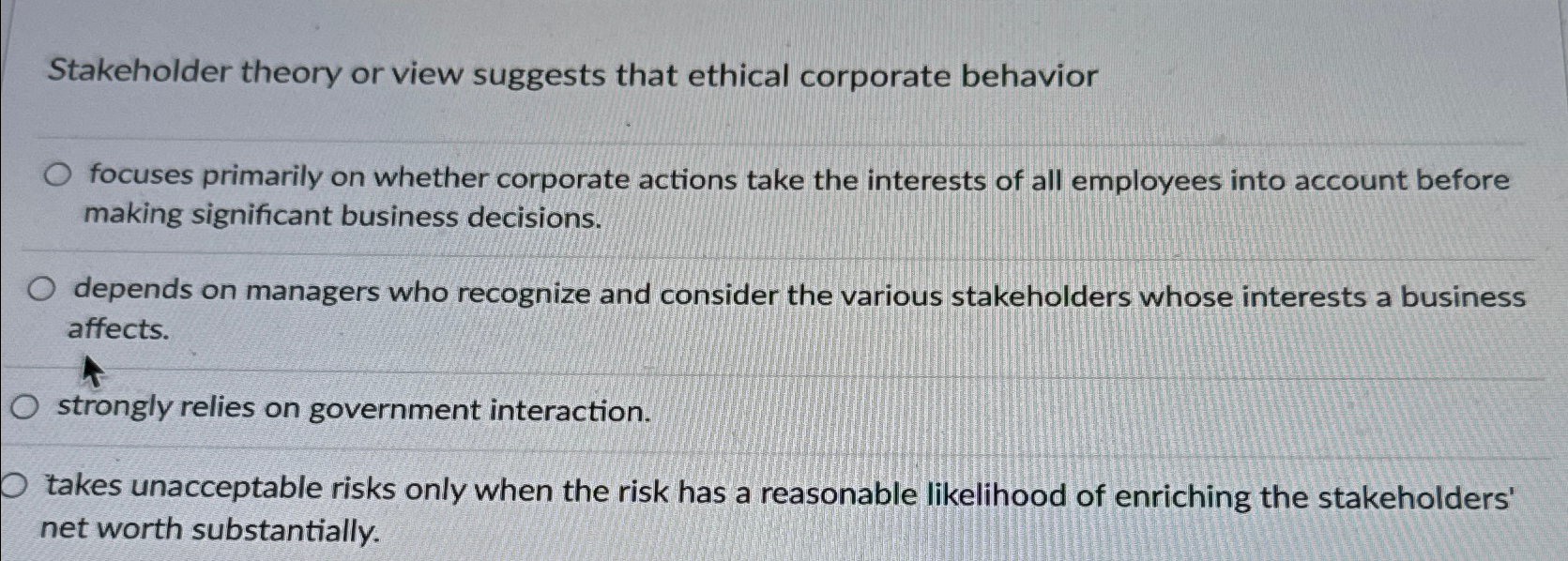 Solved Stakeholder theory or view suggests that ethical | Chegg.com
