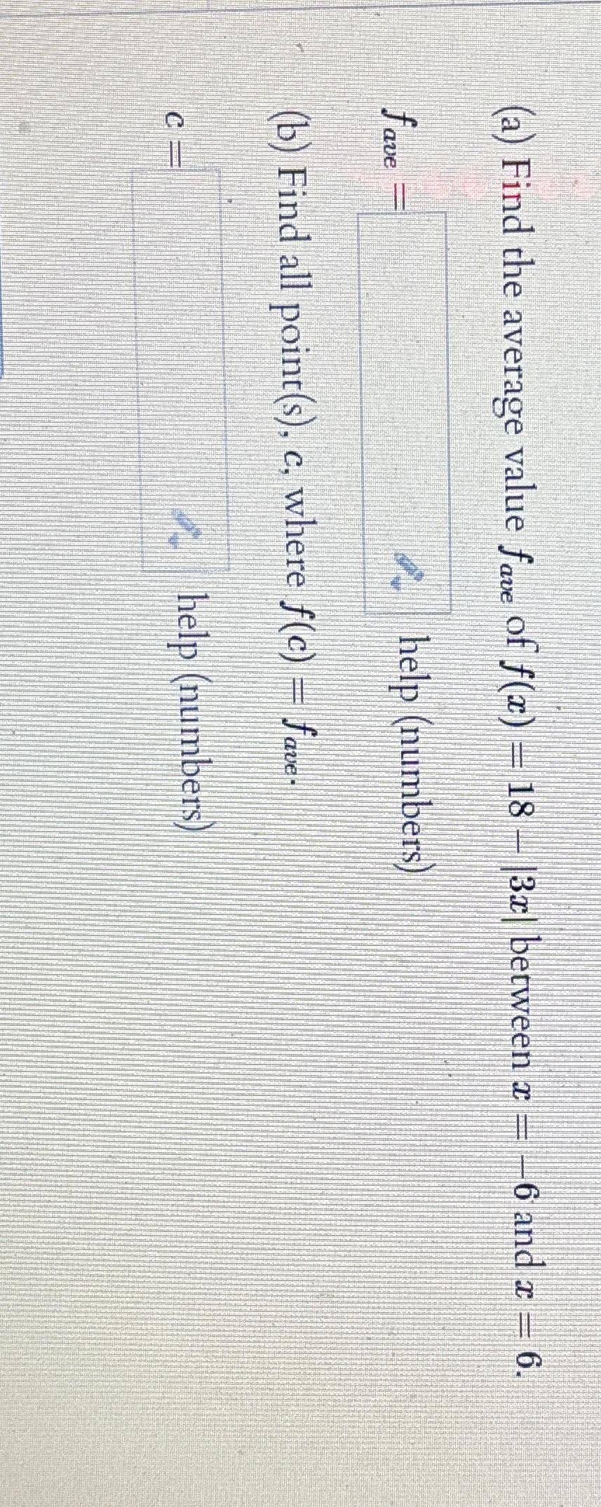 Solved (a) ﻿Find the average value fave ﻿of f(x)=18-|3x| | Chegg.com