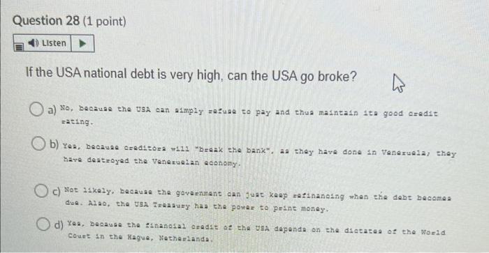Solved Question 28 (1 point) Listen If the USA national debt | Chegg.com