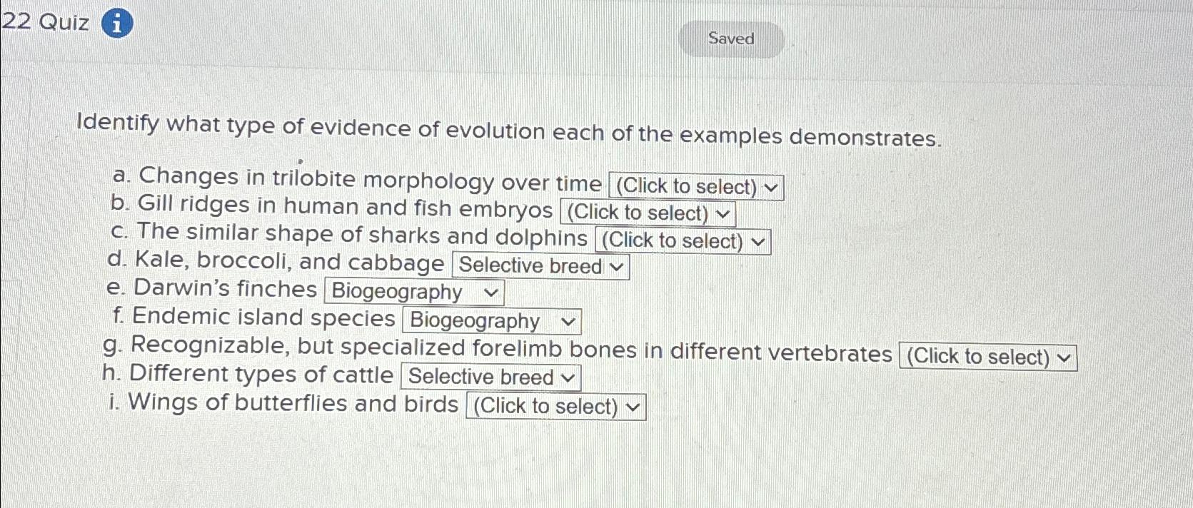 22 ﻿Quiz iIdentify what type of evidence of evolution | Chegg.com