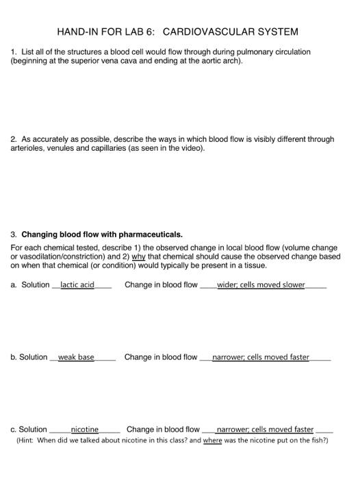 Solved HAND-IN FOR LAB 6: CARDIOVASCULAR SYSTEM 1. List all | Chegg.com