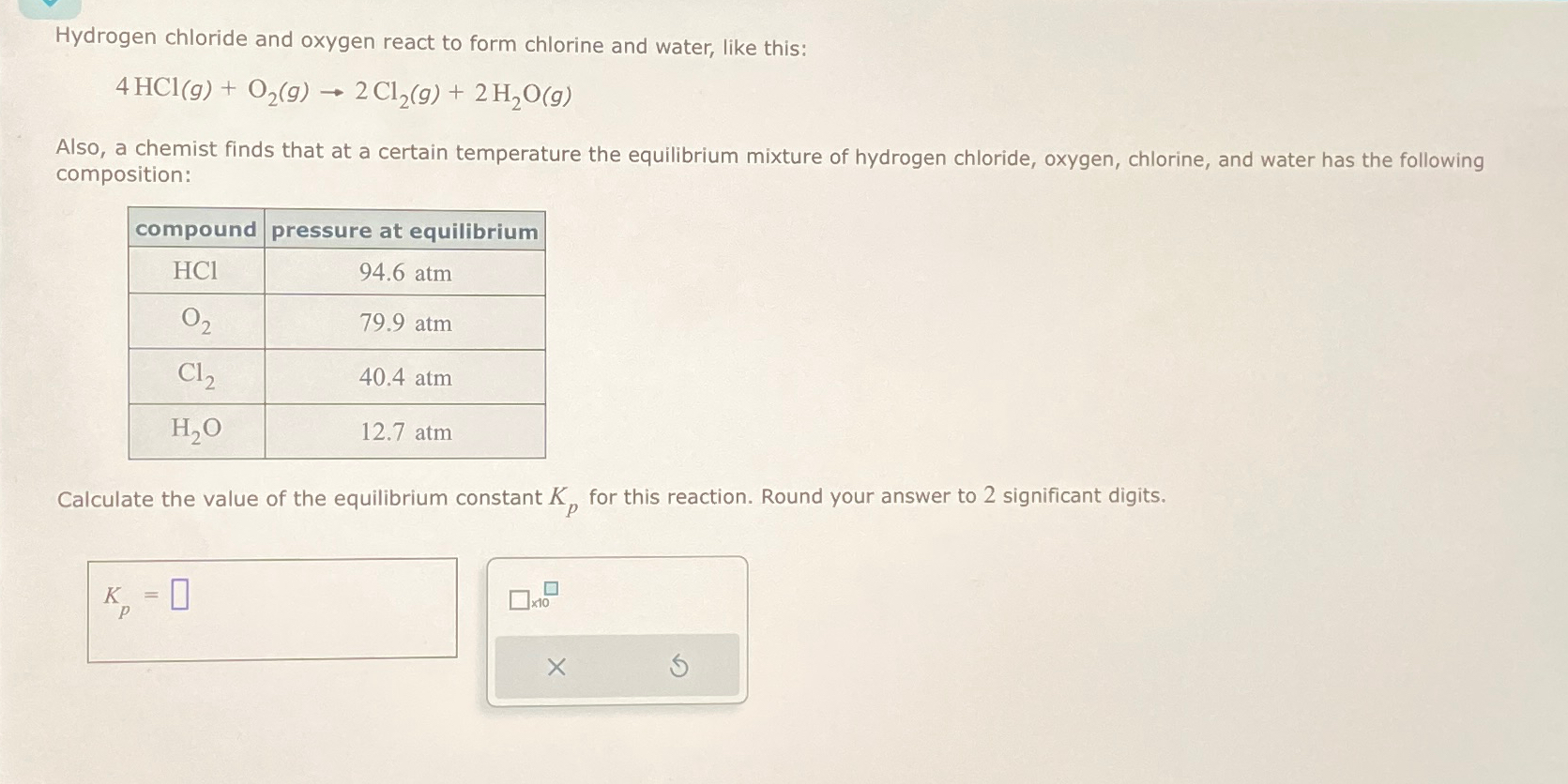 Solved Hydrogen chloride and oxygen react to form chlorine | Chegg.com