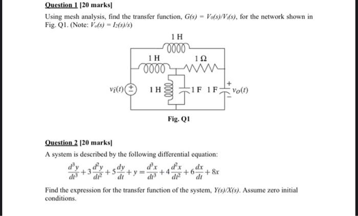 Solved Using Mesh Analysis Find The Transfer Function 1397