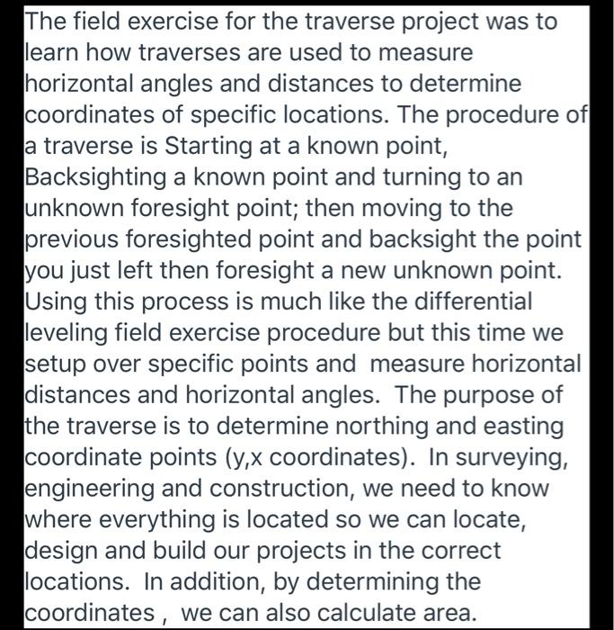 Solved The field exercise for the traverse project was to | Chegg.com