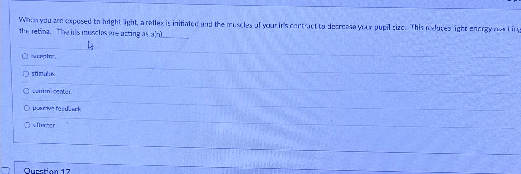 Solved When you are exposed to bright light, a reflex is | Chegg.com