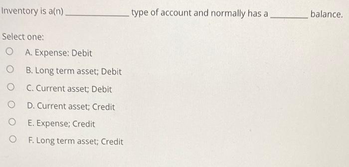 Solved Inventory is a(n) type of account and normally has a | Chegg.com