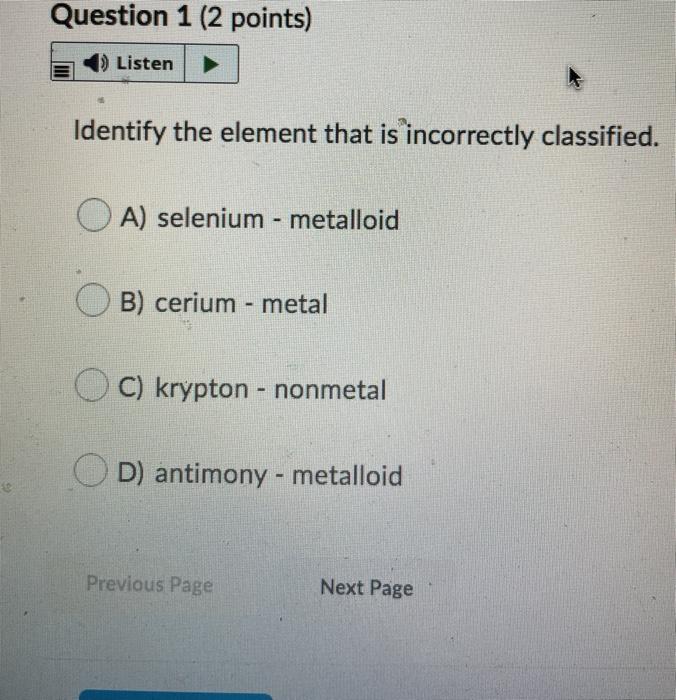 Solved Question 1 (2 points) Listen Identify the element | Chegg.com