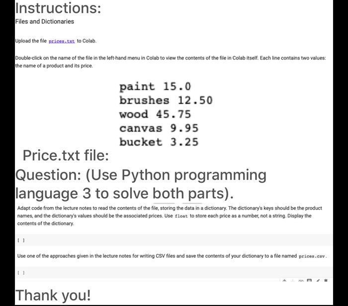 Solved Instructions: Files and Dictionaries Upload the file | Chegg.com