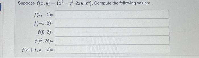 Solved Suppose f(x, y) = (x² - y², 2xy, x³). Compute the | Chegg.com