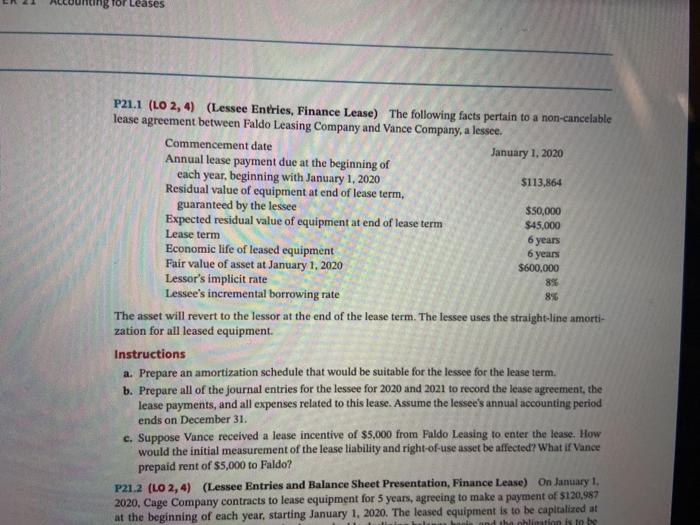 Solved Tor Leases 8% 896 P21.1 (LO 2, 4) (Lessee Entries, | Chegg.com