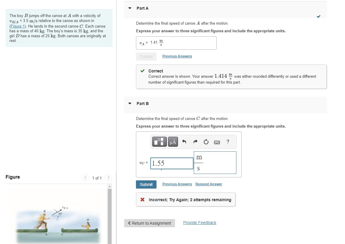 Solved Part AThe boy B ﻿jumps off the canoe at A with a | Chegg.com