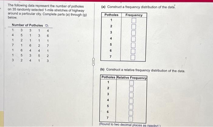 Solved The following data represent the number of potholes | Chegg.com