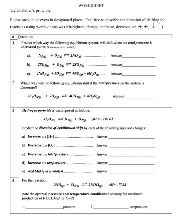 Solved WORKSHEET Le Chatelier's principle Please provide | Chegg.com
