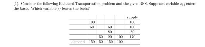 Solved (1). Consider the following Balanced Transportation | Chegg.com