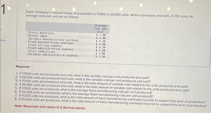 Solved Kubin Company's relevant range of production is | Chegg.com