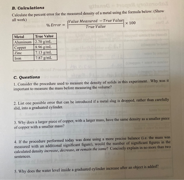 B. Calculations Calculate the percent error for the | Chegg.com