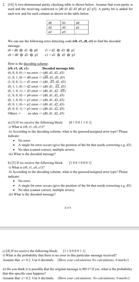 Solved [10] ﻿a Two Dimensional Parity Checking Table Is