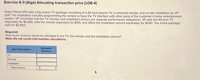 Solved Exercise 6-3 (Algo) Allocating transaction price | Chegg.com