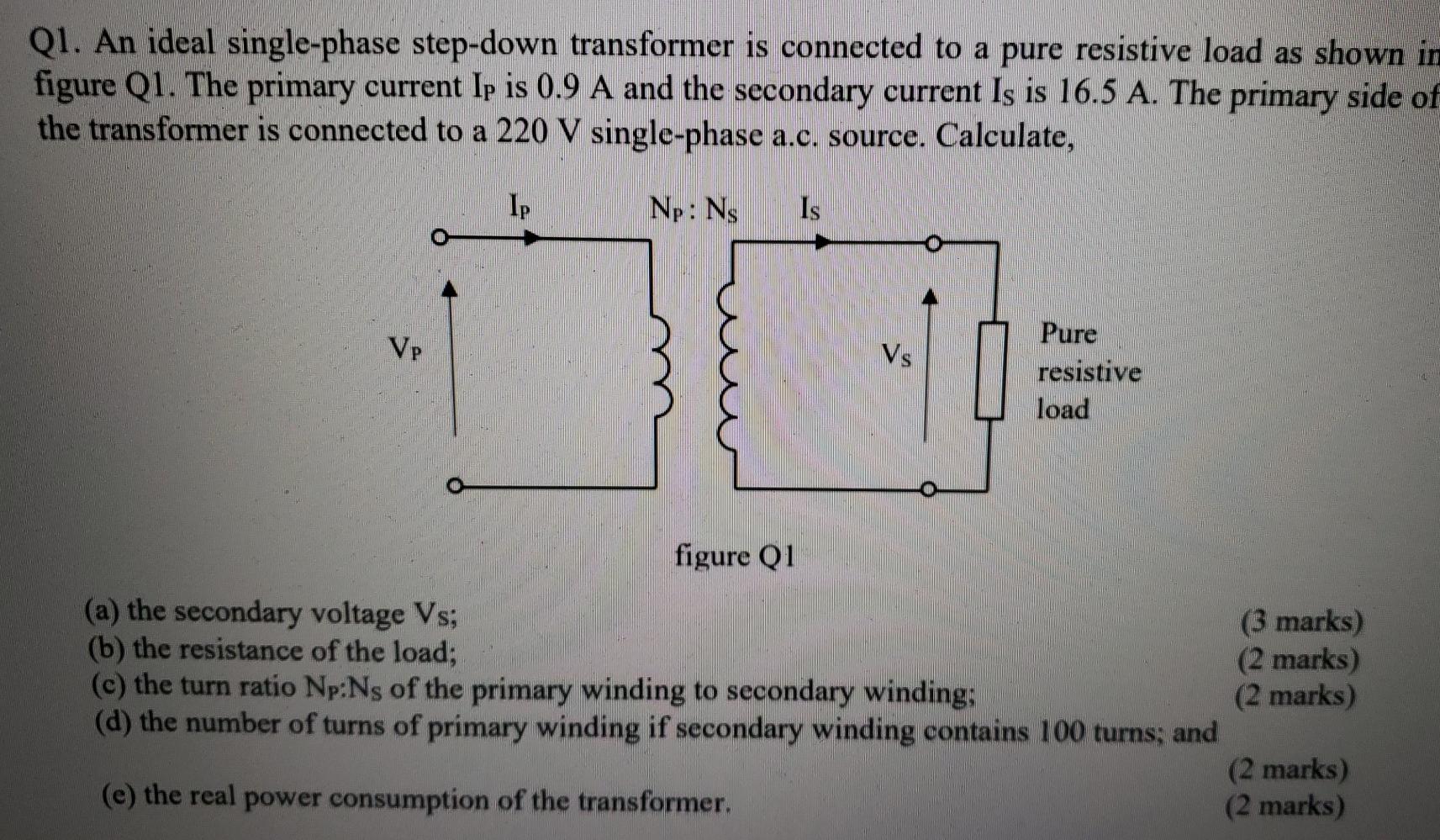 Solved Q1. An ideal single-phase step-down transformer is | Chegg.com