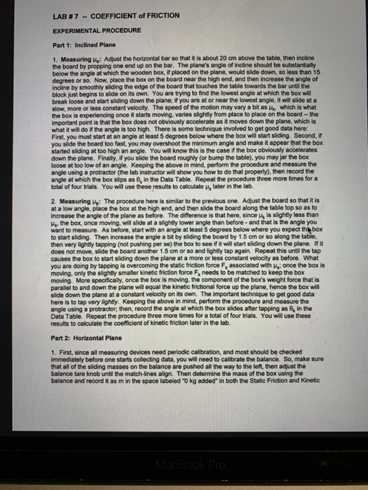 LAB #7 - COEFFICIENT of FRICTION EXPERIMENTAL | Chegg.com