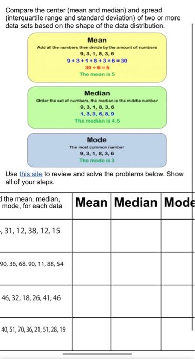Solved Compare the center (mean and median) and spread | Chegg.com