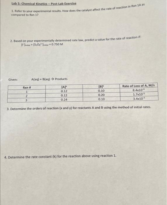 Solved Lab 5: Chemical Kinetics - Post-Lab Exercise coRefer | Chegg.com