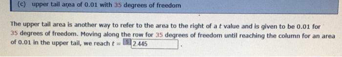 Solved (c) upper tail area of 0.01 with 35 degrees of | Chegg.com