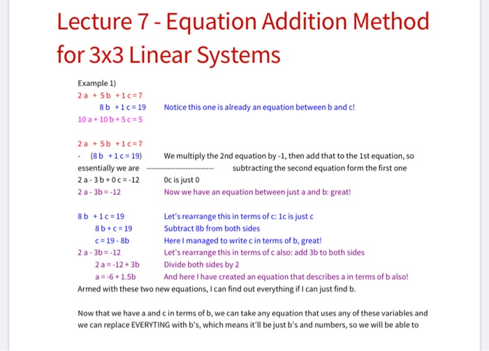 Lecture 7 - Equation Addition Method for 3x3 Linear | Chegg.com