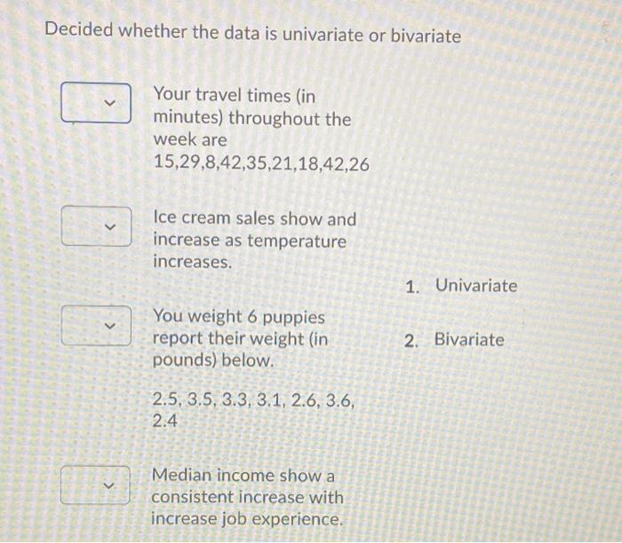 Solved Decided whether the data is univariate or bivariate | Chegg.com