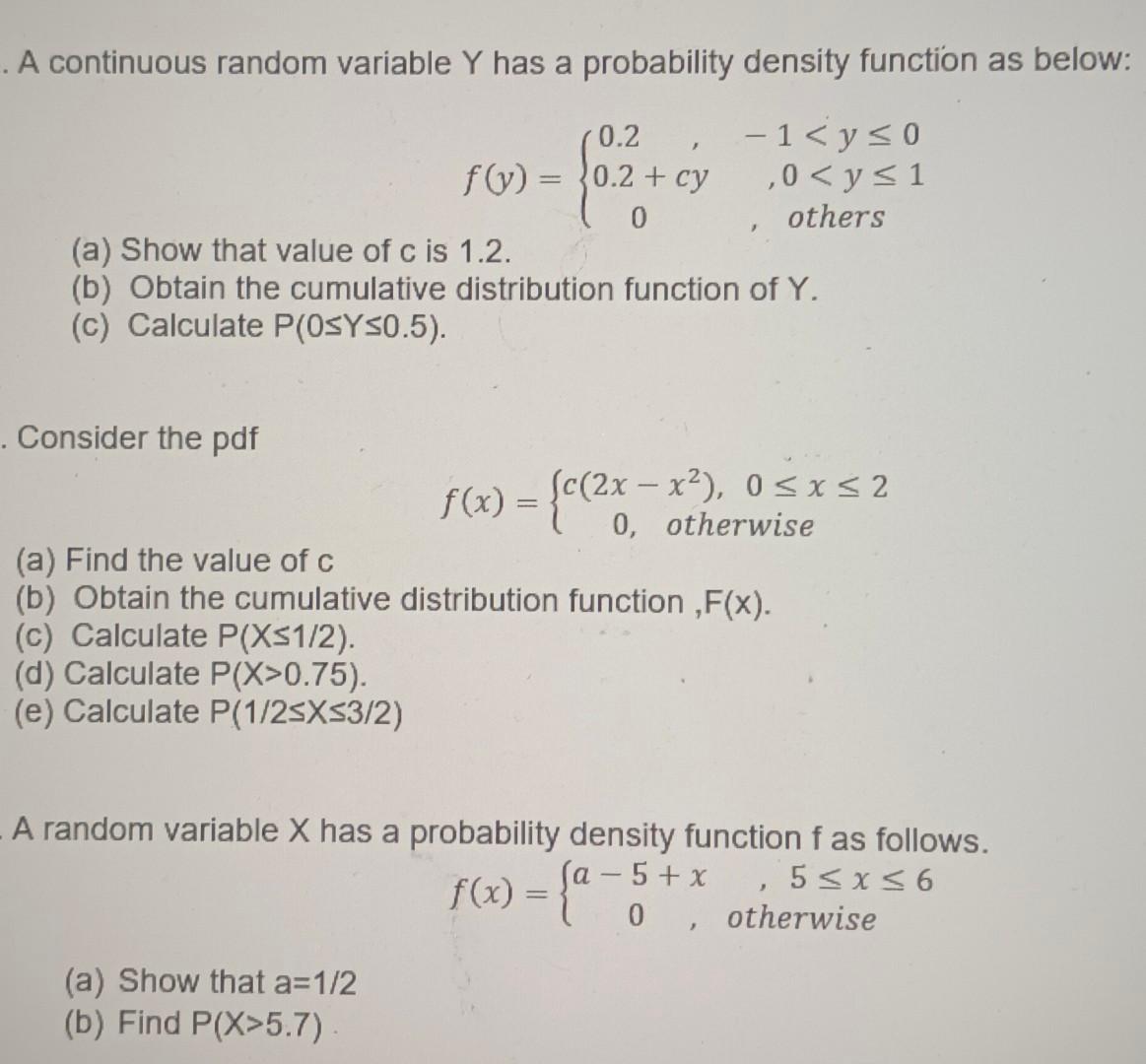 Solved A continuous random variable Y has a probability | Chegg.com
