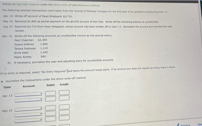 Solved Entries for bad debt expense under the direct | Chegg.com