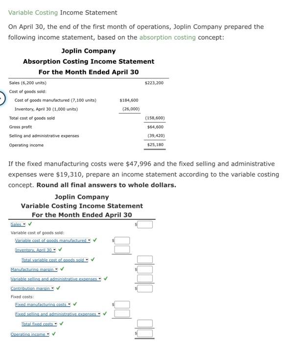 Solved Variable Costing Income Statement On April 30, the | Chegg.com
