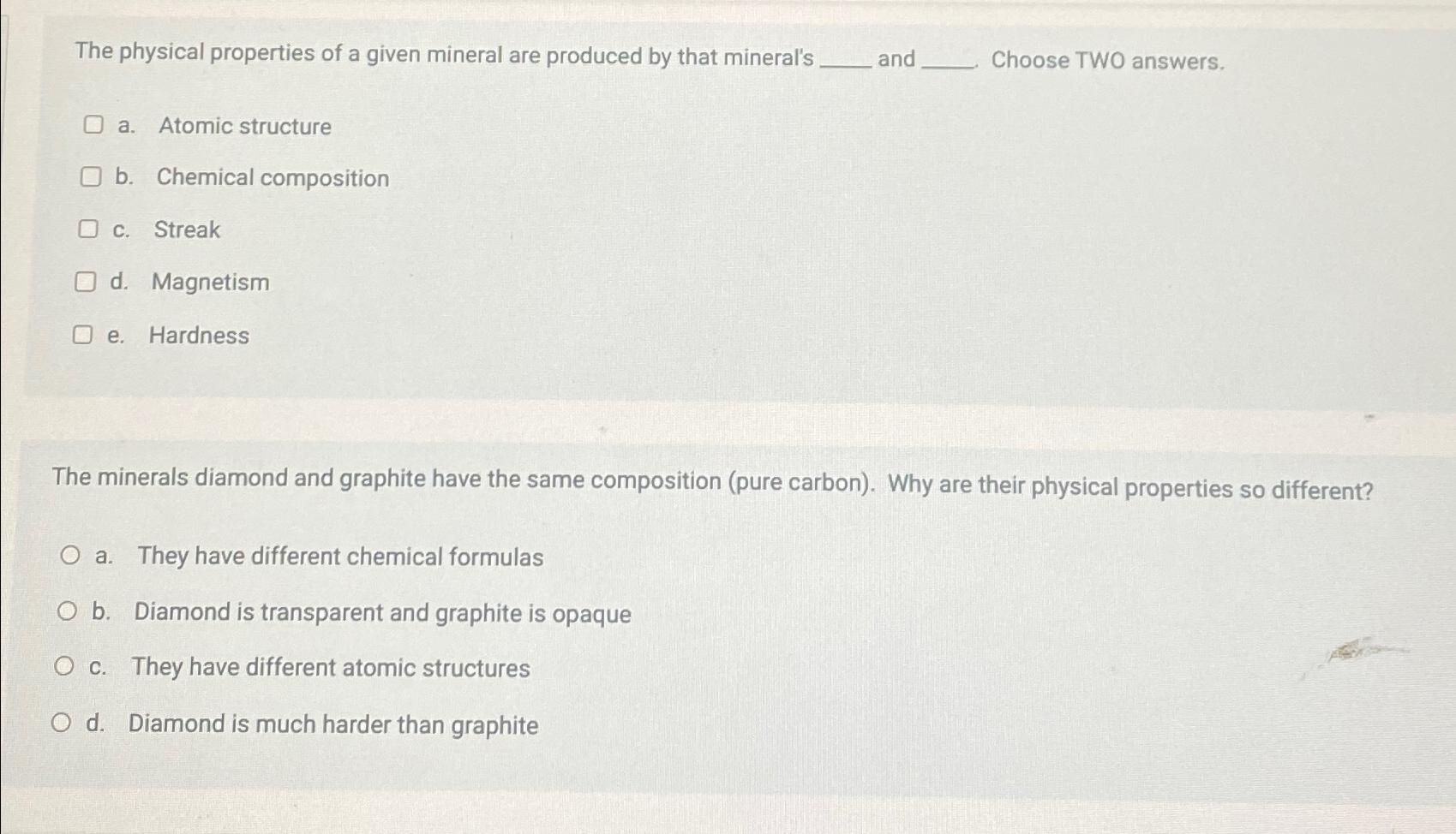 Solved The physical properties of a given mineral are | Chegg.com