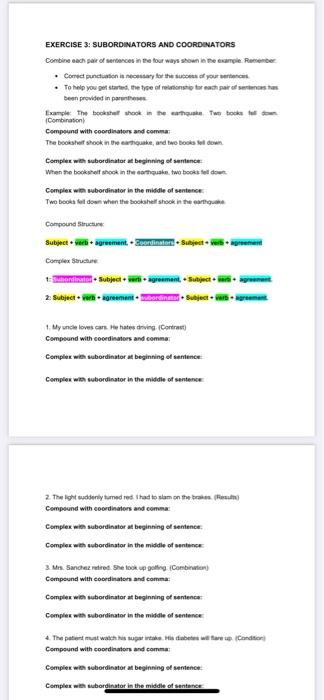 EXERCISE 3: SUBORDINATORS AND COORDMATORS Combine ach | Chegg.com