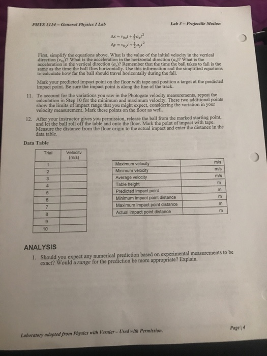 Solved PHYS 1114-General Physics I Lab Lab 3 - Projectile | Chegg.com